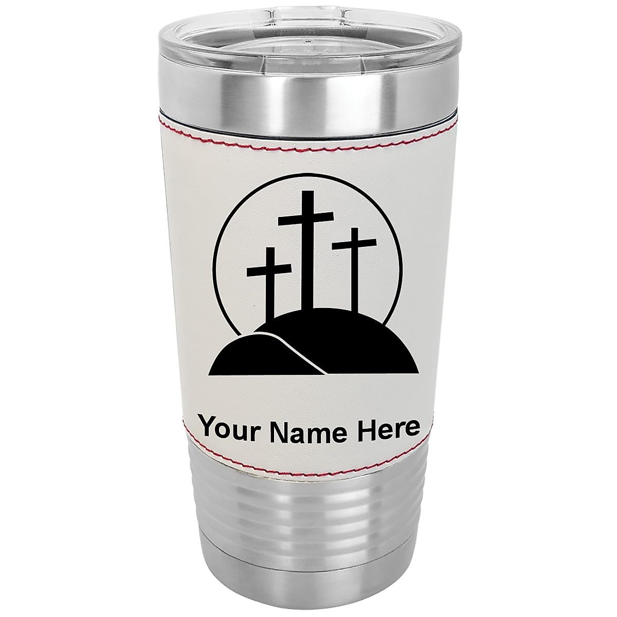 LaserGram 20oz Vacuum Insulated Tumbler Mug, Calvary Cross, Personalized Engraving Included (Faux Leather, Baseball Style)