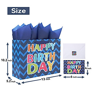 13" Large Blue Gift Bag Set with Greeting Card and White Tissue Papers (Laser Foil 'Happy Birthday') for Men's Birthday Party, Boys' or Kids' Parties, Baby Shower, Baby Boy - 13”x5.2”x10.2”, 1 Pcs.