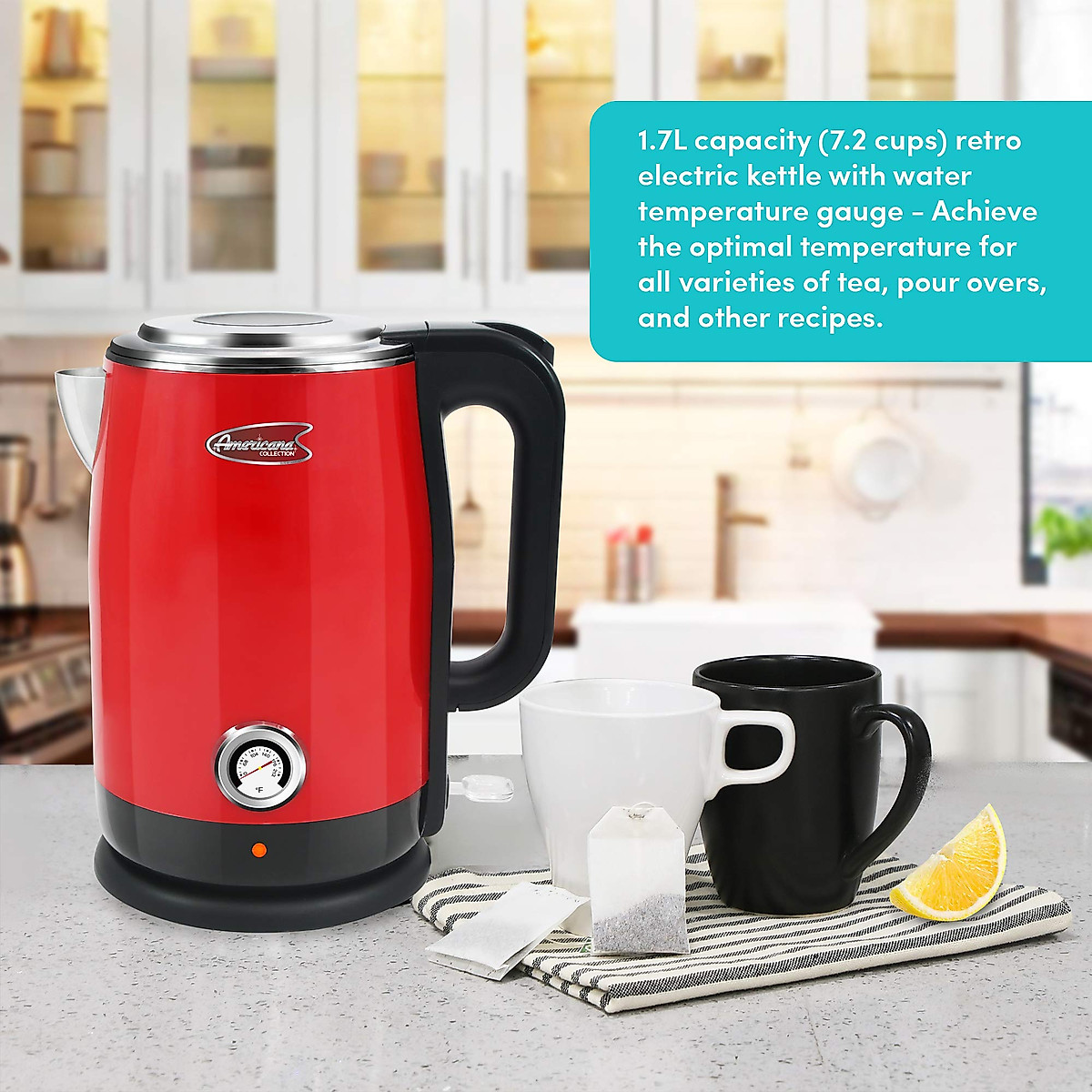 Elite Gourmet Americana EKT-1780R Retro Nostalgic Temperature Gauge Double Wall Insulated Cool Touch Electric Water Tea Kettle, BPA Free Stainless Steel Interior and Auto Shut-Off,