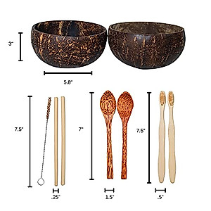 Patterned Jumbo Organic Coconut Bowls with Spoons (coconut bowl), Bamboo Straws, Straw brush and Bamboo Toothbrush (4Pack), Vegan buddha bowl Gifts set. Smoothie bowls, coconut bowls for smoothies.
