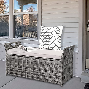 Pinikuyiro 33 Gallon Outdoor Storage Bench with Cushion, Outdoor Wicker Storage Box, Patio Deck Box with Seat, for Garden, Balcony, Poolside, Grey