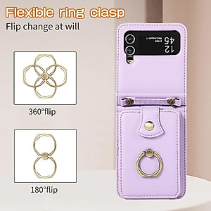 Phone flip case Premium Leather 2 in 1 Wallet Case Compatible with Samsung Galaxy Z Flip 4 5G,Magnetic Closure Purse W Rotation Ring Stand/Card Slots Holde/Lanyard Crossbody Shockproof Protective Phon