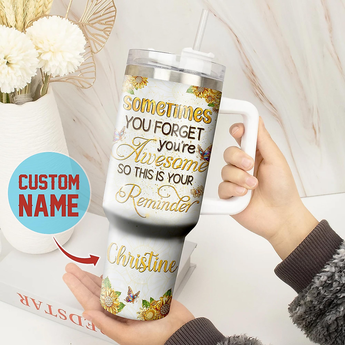 WAZONE Personalized You Forget That You’re Awesome 40oz Tumbler with Handle and Straw Insulated Travel Mug Stainless Steel Sun Flower Inspirational Sayings Holiday Gift Idea for Women Girl
