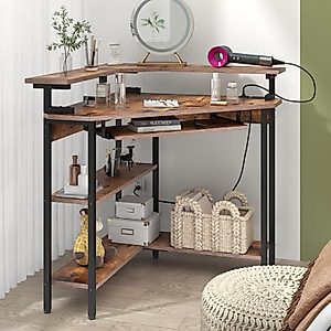 Auromie Corner Desk with Charging Station & LED Light, Triangle Corner Desk with Monitor Stand & Keyboard Tray for Small Space, Gaming Computer Desk with Storage Shelves for Home Office (Rustic)