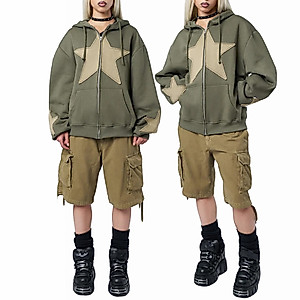 Tsultryofs Women Y2k Zip Up Hoodie Vintage Star Graphic Long Sleeve Hooded Sweatshirt E Girls Harajuku Aesthetic Jackets (Grey Green,XL)