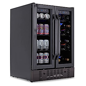 NewAir 24” Wine and Beverage Refrigerator and Cooler, 18 Bottle and 60 Can Capacity, Built-in Dual Zone Fridge in Black Stainless Steel with French Doors