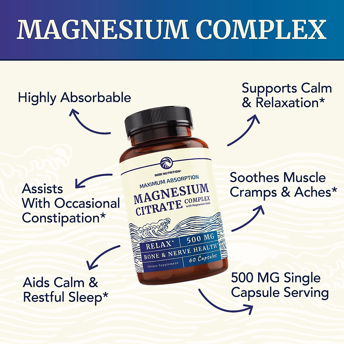 Magnesium Citrate Complex 500 MG for Calm, Relaxation, Constipation & Digestion Support | High Absorption Magnesium Supplement with Elemental Mag Oxide | Non-GMO, Soy-Free | 60 Ct (2 Month Supply)