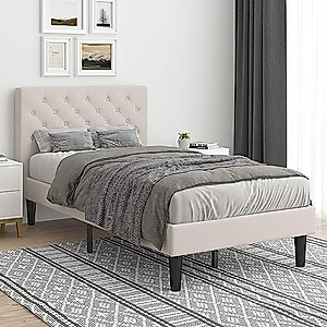 HOMBCK Twin Bed Frame, Upholstered Bed Frane Twin with Button Tufted Headboard, Linen Fabric Modern Bed Frame, Sturdy Wood Slat Support, No Box Spring Needed, Beige