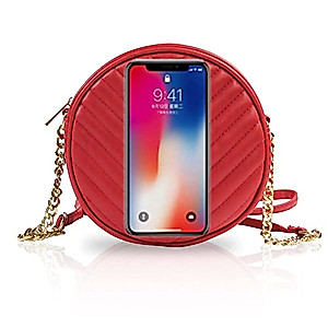 RCFJ b y K L A N D Round Crossbody Bag for Women,PU Leather Shoulder Bag with Metal Chain Strap, Cellphone Purses with Zipper