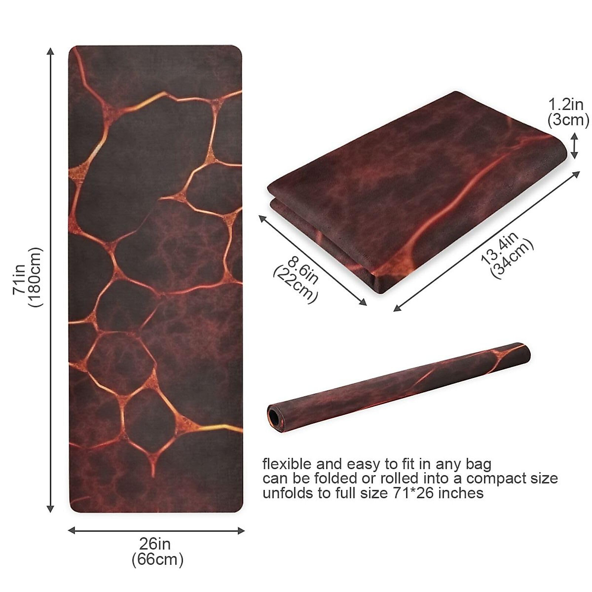 GOODOLD Magma Textured Red Yoga Mat, 71 x 26 Inch Non-slip Yoga Mats Folding Travel Exercise Mat Indoor Outdoor Gym Pilates with Storage Bag for Women Men