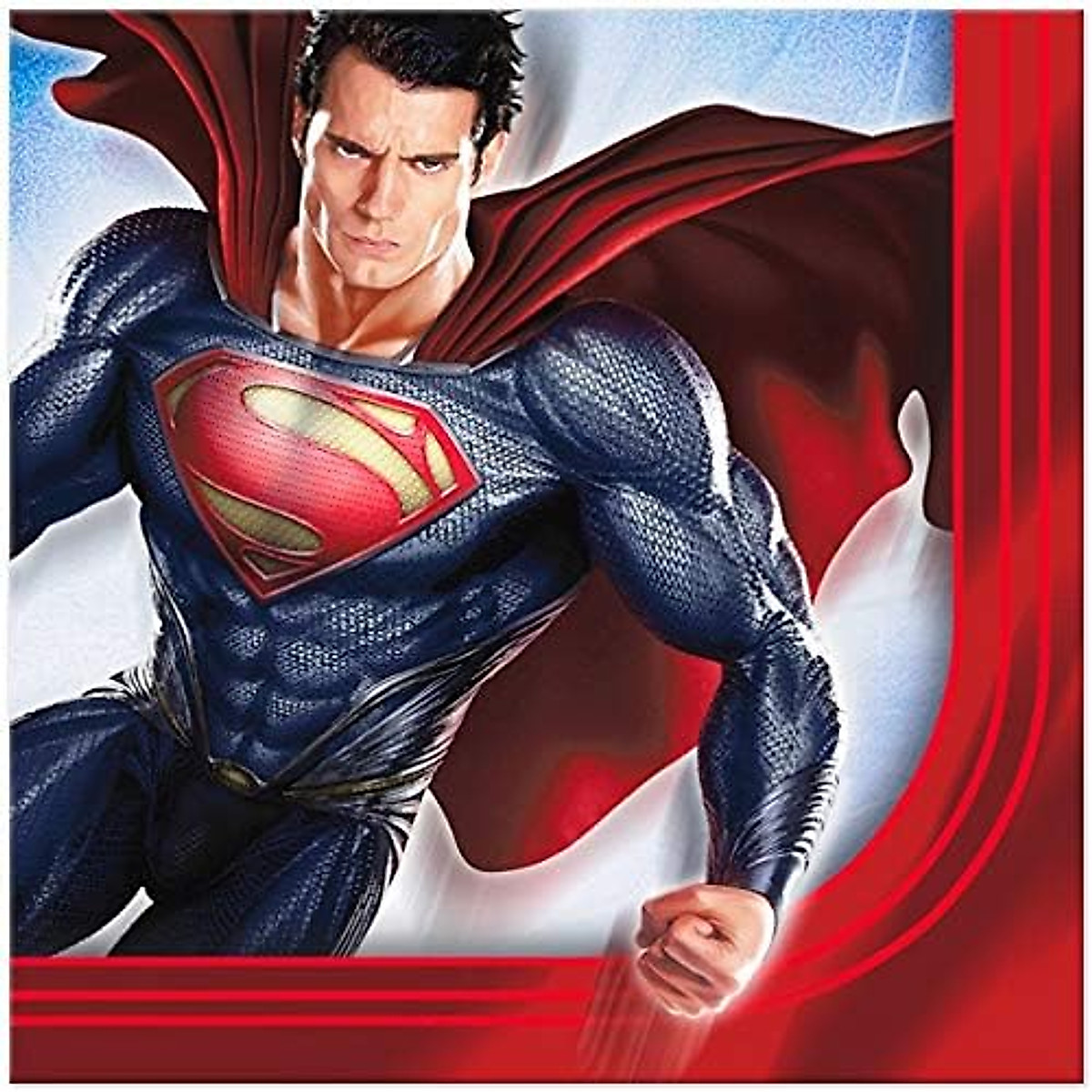 Superman Birthday Party Supplies Bundle includes Plates, Cups, Napkins, Table Cover, Invitations, Thank You Notes, Cape, Hanging Decoration, Centerpiece, Tattoo