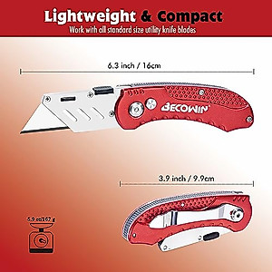 BECOWIN 3-Pack Folding Utility Knife, Stainless Steel Box Cutter with Quick Change Blade and Belt Clip for Cartons, Cardboard and Boxes, Extra 12pcs SK5 Blade