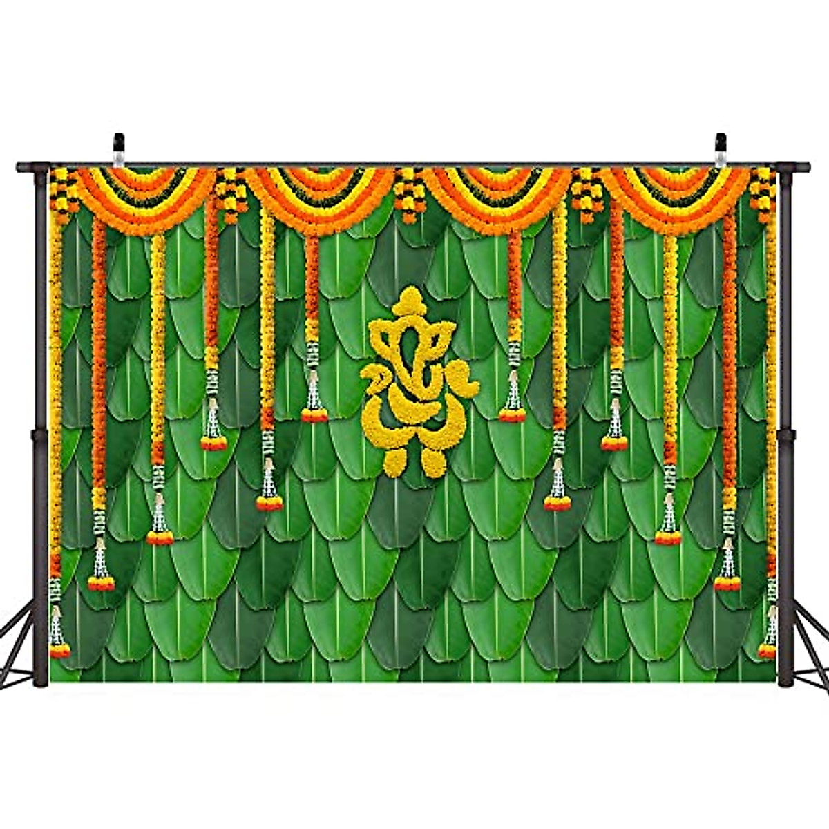 Ticuenicoa 7×5ft India Pooja Traditional Photography Backdrop Diwali Backdrops Banana Leaf Green Chatiya Ganesh Background Marigold Puja Ganpati Wedding Photo Tapestry Booth Props