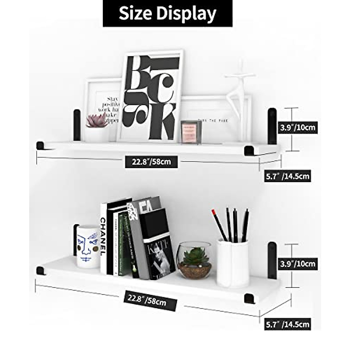 Godimerhea White Floating Shelves for Wall, Long Wall Mounted Set of 2, Modern Neutral Wooden Storage Decorative Hanging Shelf with Black Metal Brackets for Bathroom Living Room, Kitchen, 24 Inch