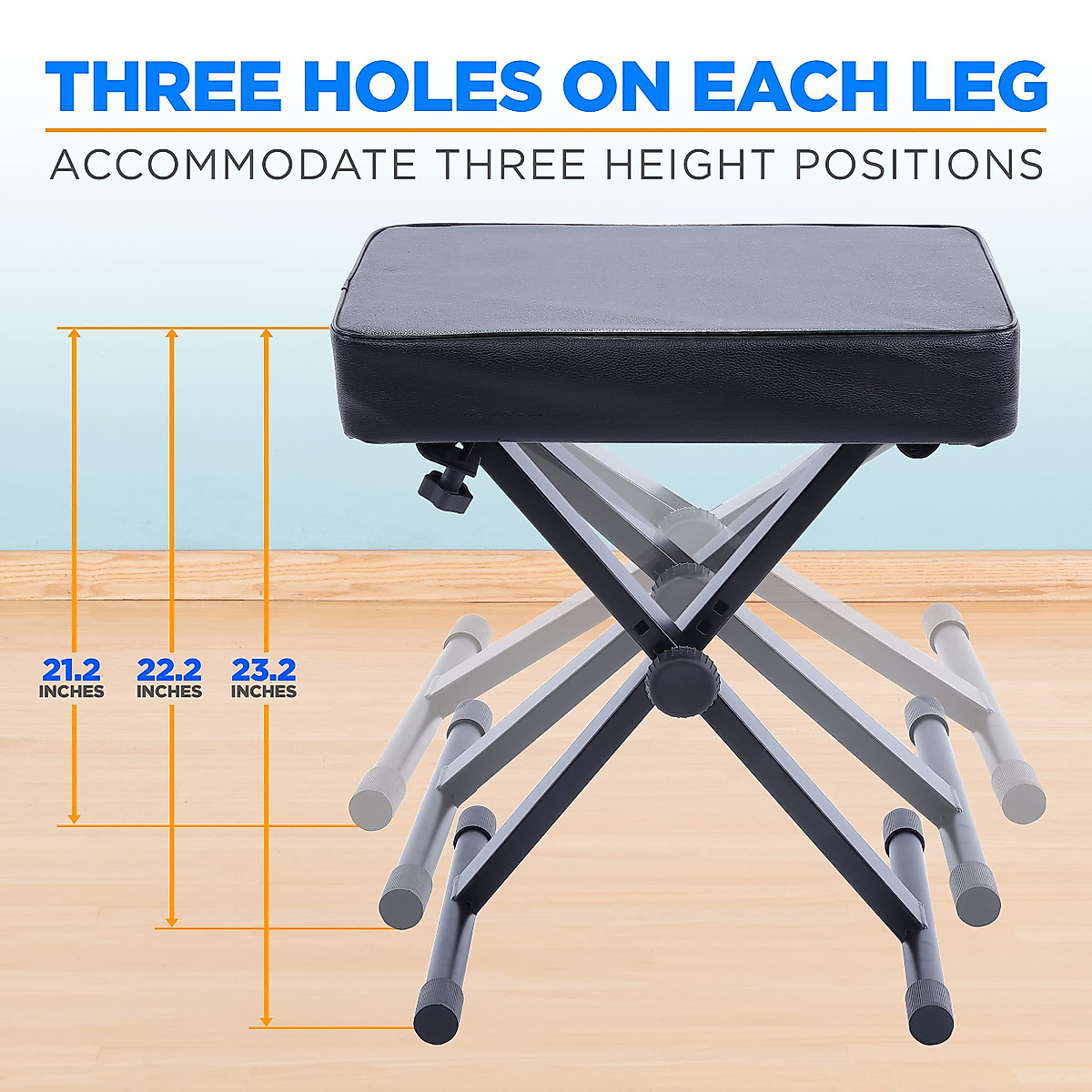 Pyle Adjustable Padded Keyboard X Bench with Three Holes on Each Leg, 4 Non-Slip Rubber Feet, Designed to Fit Users and Playing Styles-PKBENTS