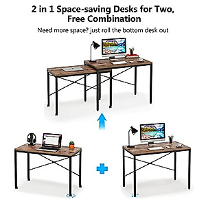Tribesigns Two Person Computer Desk Double, 39" Simple Small Desks for Small Spaces, Large Writing Workstation + Modern Mini Table on Wheels Lockable, Home Office Desks for Bedroom Farmhouse Brown