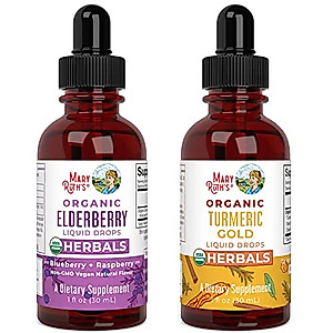 MaryRuth Organics Elderberry Syrup & Turmeric Gold Herbals Bundle Black Sambucus Liquid for Kids & Adults | USDA Organic Turmeric Gold Liquid Drops | Immune System Support | Non-GMO, Vegan