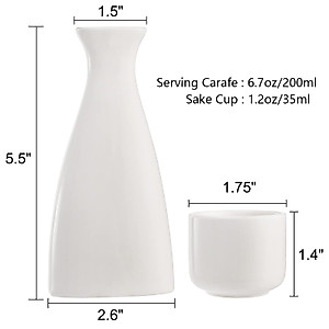 Tosnail 7 Pieces Ceramic Japanese Sake Set, 1 Serving Carafe and 6 Cups - White