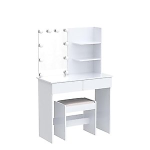 usikey Vanity Set with 10 Light Bulbs, Makeup Table, Vanity Table with 2 Shelves and 2 Big Drawers for Christmas Day, Dressing Table Makeup Vanity with Cushioned Stool for Women, Girls, White