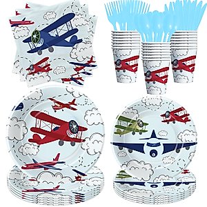 Suhelkit Airplane Party Decorations Tableware Boy - Disposable Airplane Birthday Party Supplies, Plate, Napkin, Cup, Cutlery, Aviation Theme Airplane Birthday Baby Shower Table Decorations | 24 Guests