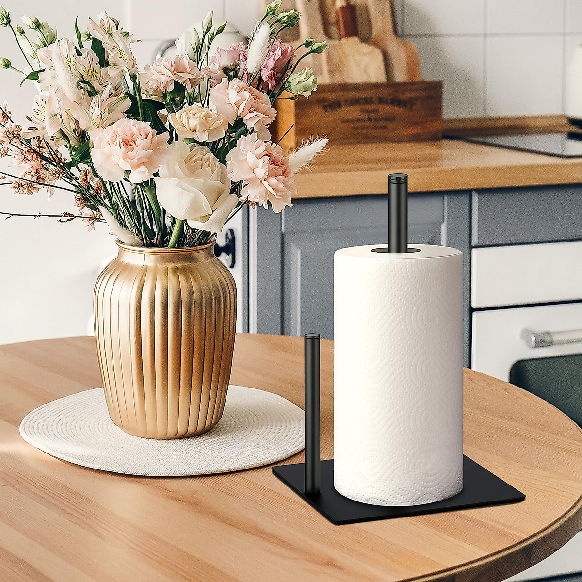 Paper Towel Holder Countertop, Kitchen Paper Towels Holder Stand, Black Paper Towel Holder Stand, Kitchen Towel Holder for Large Size Rolls by Batoto (Black)