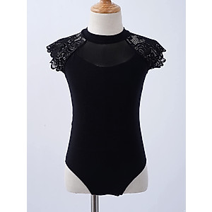 Jizyo Girls Sleeveless Lace Splice Gymnastics Ballet Dance Leotard One-Piece Unitard Biketard Bodysuit Ballerina Dancewear Black 9-10 Years