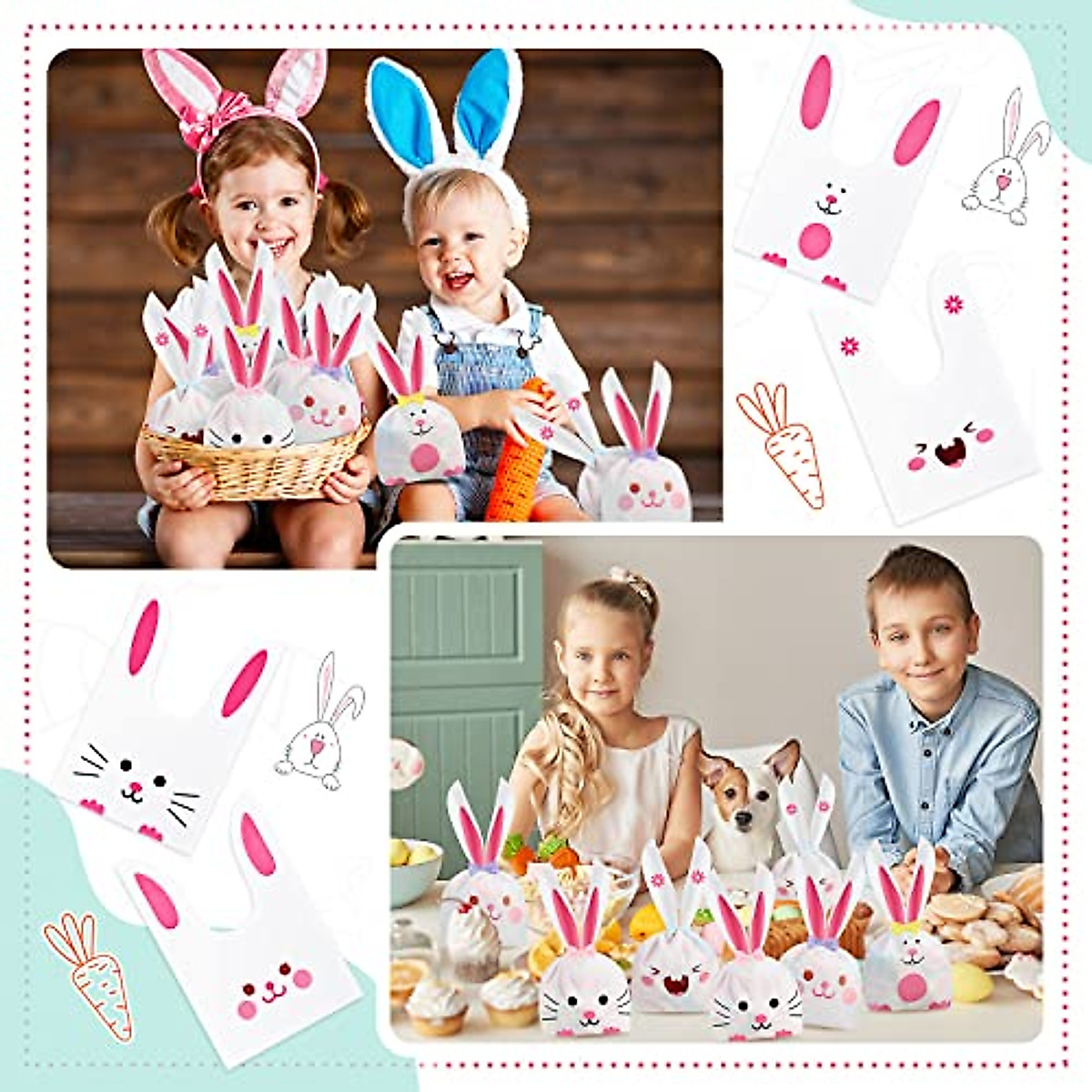 100 Pcs Cute Bunny Long Ear Candy Gift Bags Easter Goodie Bags Easter Bunny Gift Bag Plastic Easter Party Treat Bags with 100 Twist Tie Bow for Party Favors, Wedding Birthday Supplies