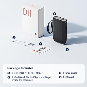 NIIMBOT D11 Label Maker Machine with Tape, Portable Bluetooth Thermal Label Printer Wireless Connection Rechargeable Labeler for Home Office Small Business Storage Organizing, Black