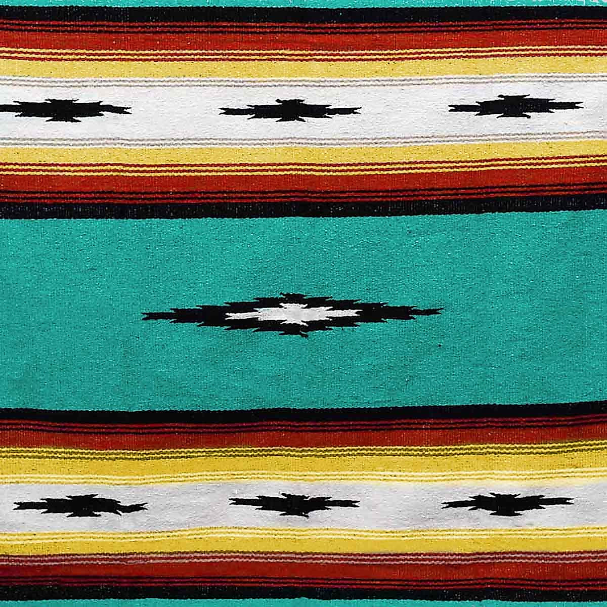Open Road Goods Teal/Turquoise Diamond Mexican Yoga Blanket, Thick Serape with Red and Yellow Sunset Stripes - Handmade