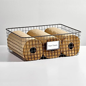 mDesign Wide Steel Wired Storage Organizer Bin Baskets with Label Slot for Kitchen Pantry, Cabinet, Organizing Holder for Food, Drinks, Snacks, Produce, Omaha Collection, 2 Pack, Matte Black