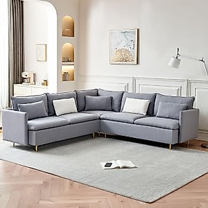 L Shaped Sectional Sofa Couch 5 Seater Living Room Corner Sofa Set , Modern Modular Sectional Sofa Couch ,Comfy Upholstered Sofa Couch ,Teddy Fabric with Deep Seater,Gold Leg,5Pillows Include (Grey)