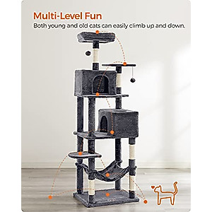 Feandrea Cat Tree, 75.2-Inch Cat Tower for Indoor Cats, Plush Multi-Level Cat Condo with 5 Scratching Posts, 2 Perches, 2 Caves, Hammock, 2 Pompoms, Smoky Gray UPCT191G01