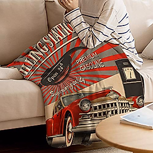 Ultra Soft Flannel Fleece Bed Blanket Vintage Car Filling Station Route 66 Throw Blanket All Season Warm Fuzzy Light Weight Cozy Plush Blankets for Living Room/Bedroom 50x60in