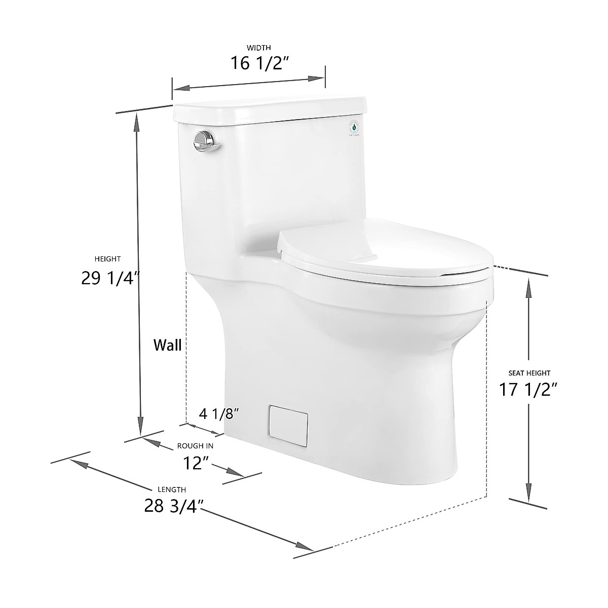 DeerValley DV-1F52828 Apex White ADA Comfortable Height toilet and Elongated One Piece Toilet, with Soft Closing Seat and Left-hand Chrome Trip Lever Included, High-Efficiency