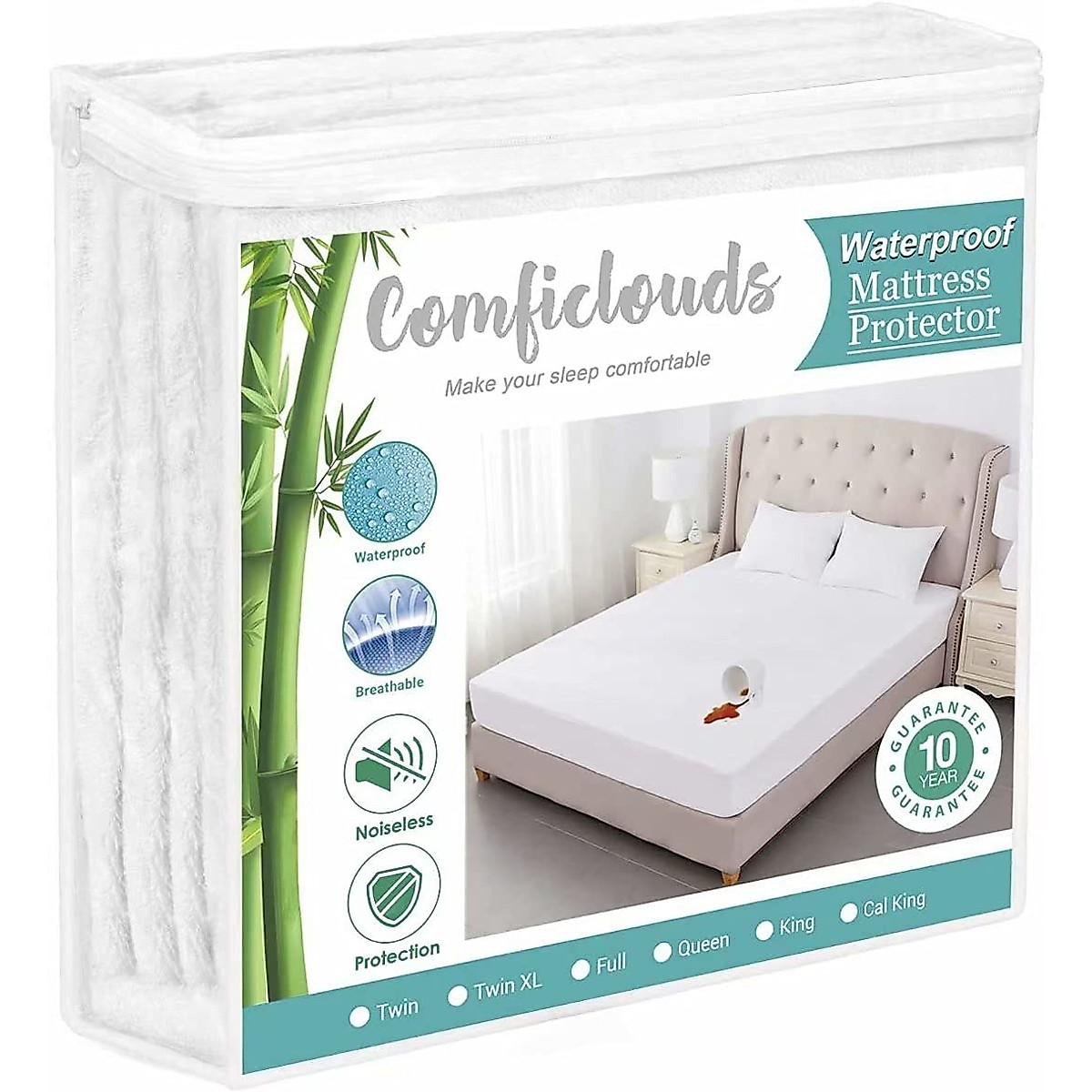 King&Twin Size Cooling Waterproof Mattress Protector Pad Bed Cover,Bamboo Terry Top Breathable Fitted Sheet Style Deep Pocket Soft Noiseless Waterproof Matressprotector Twin for Bed Kids Adults
