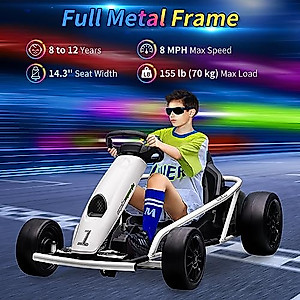 Ride on Go Kart for Kids, 24V 9Ah Battery 300W*2 Motors, 8MPH High Speed Drifting Circling Car, Slow Start Function with Music, Horn,Max Load 175lbs, Racing Toy for Kids 8-12 Years, White