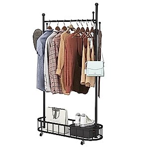 jxgzyy Clothing Rack Metal Garment Rack with Basket Rolling Clothes Rack with Hanging Rod Wardrobe Rack on Wheels Multi-functional Closet Rack for Bedroom Cloakroom Laundry