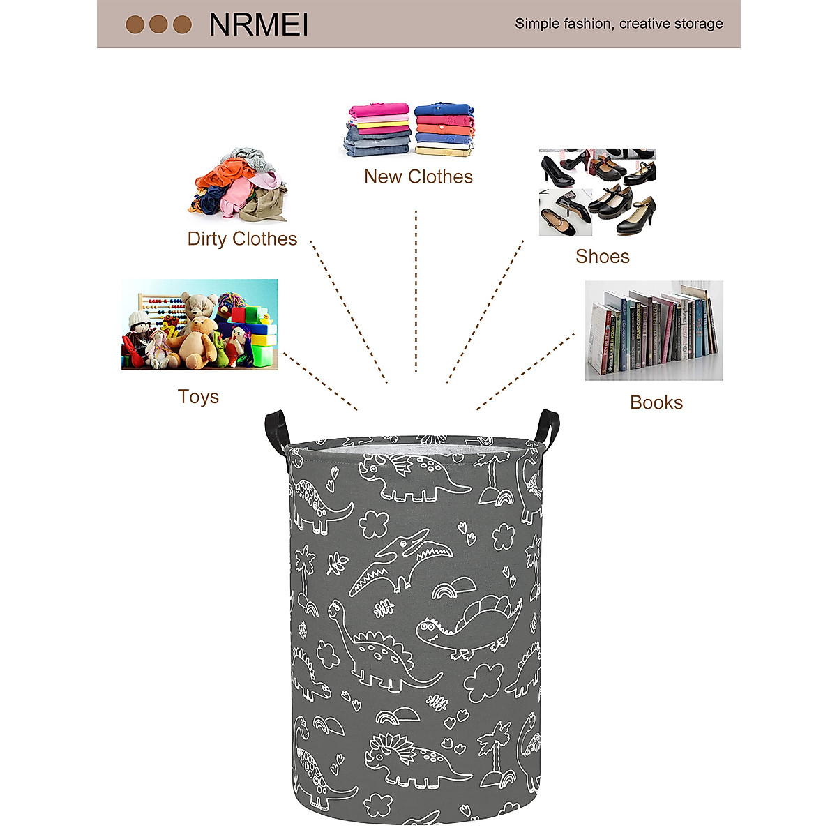 NRMEI Round Storage Basket Laundry Basket Foldable Waterproof Coating Nursery Hamper for Living Room Bedroom and Clothes Toys(Round Line Dinosaur),19.7inchH x 15.7inchD inches