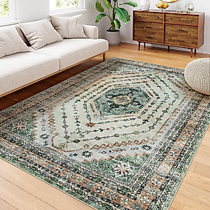 Seavish Machine Washable Area Rug 8x10, Vintage Boho Green Area Rug for Living Room Non Slip, Soft Large Rugs for Bedroom No Shedding, Distressed Oriental Neutral Rug for Dining Room