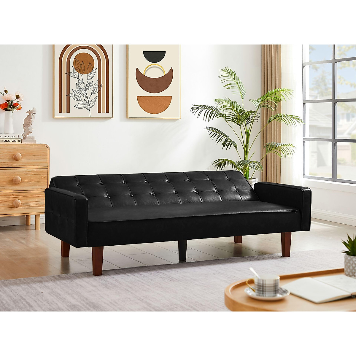 HoynPuko Multi-Functional Convertible Double Folding PU Leather Sofa Bed Living Room Furniture with Removable Wooden Legs, Adjustable Button Tufted Backrest, 74.41" W x 32.67" D x 29.13" H Black