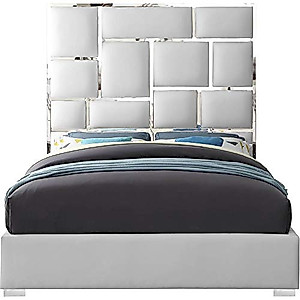 Meridian Furniture Milan Collection Modern | Contemporary Faux Leather Upholstered Bed with Custom Chrome Metal Legs and Geometric Designed Headboard, King, White