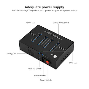 SIIG 20-Port Industrial USB 3.0 Hub with Charging - 200W, 5Gbps with 5V/2.1A per Port, Powered Multiport Hub Expander for Laptop, Tablets, Cellphone, External HDD, Keyboard and Mouse (ID-US0611-S1)