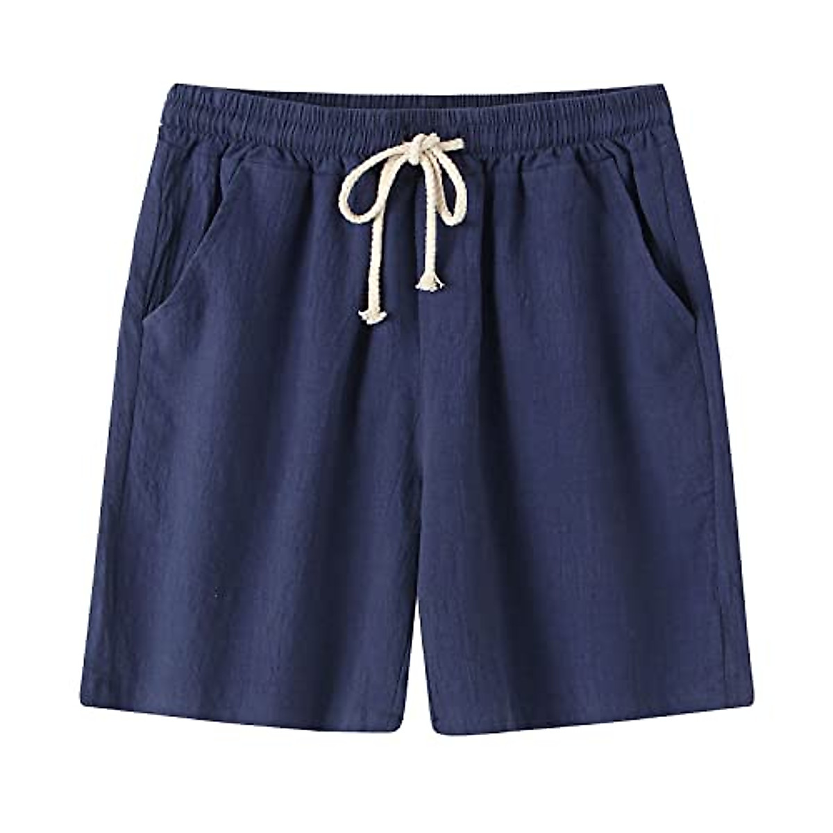 Linen Shorts Men's Classic-Fit Drawstring Elastic Waist Pleat Front Shorts with Pocket, 5/7 Inch Inseam, Navy XL