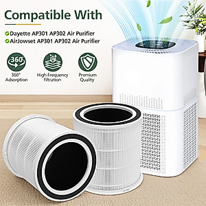 AP301 AP302 HEPA filter Replacement, Compatible with Dayette AP301 AP302 Air Purifier, for JOWSET AP301 AP302 Air Cleaner Purifier, H13 True HEPA, Original filter