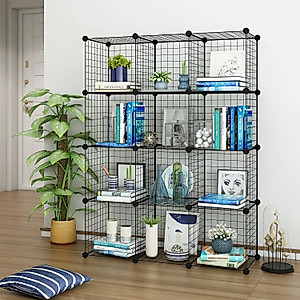 TUMUCUTE Wire Storage Cubes, Metal Storage Shelves Bookshelf, Stackable Modular Closet Organizer for Bedroom Living Room, Office, Black (12 Cubes, Iron)