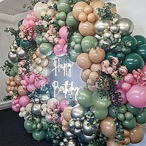 128Pcs Sage Green and Pink Balloon Arch Kit, Dusty Olive Green Blush Peach Beige Cream White Gold Latex Balloon Garland Kit for Girl Jungle Safari Baby Shower Woodland Birthday Party Decorations