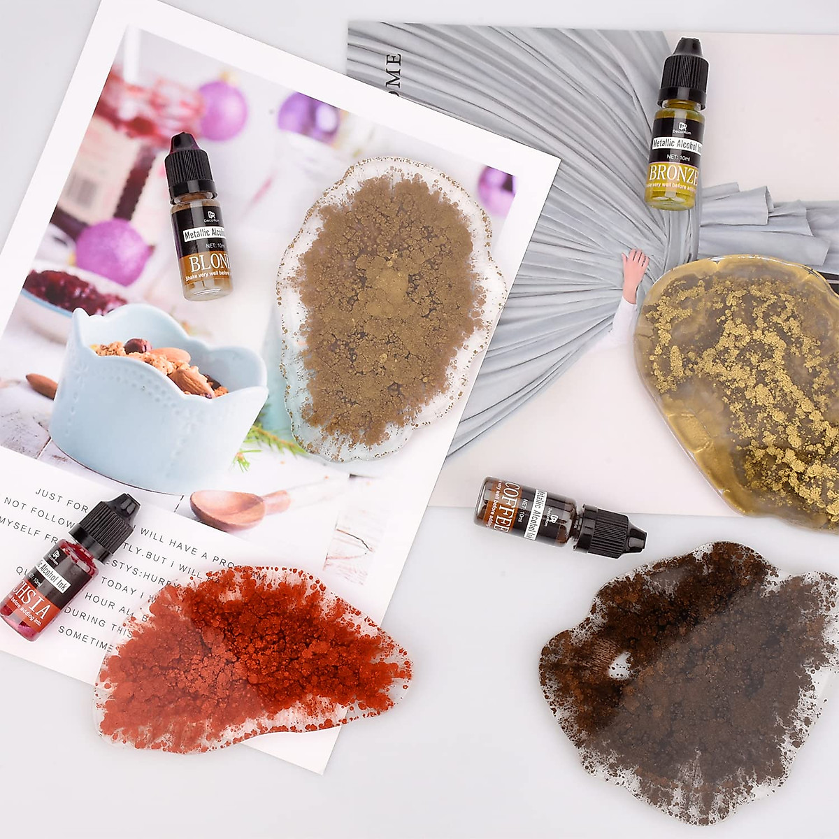 Metallic Alcohol Ink Set - 12 Metal Color Alcohol-Based Inks for Epoxy Resin Art, Painting - Concentrated Shimmer Alcohol Paint Color Dye for Resin Petri Dish Making, Yupo, Tumbler Making - 10ml Each