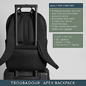 Troubadour Apex Backpack Premium Vegan, Waterproof Material - 17" Laptop Sleeve, Comfort Straps - Spacious, Lightweight, Durable - For Work, Travel, Gym - Black