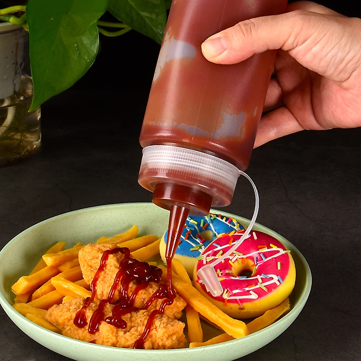 SCWBOEII 6 PCS 12oz Plastic Condiment Squeeze Bottles, Translucent Ketchup Bottles with Measurements For Condiments Olive Ketchup Sauces Dressings and More