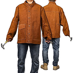 Welding Leather Jackets Flame-Resistant Heavy Duty Split Cowhide Leather Welder Jacket for Men & Women XX-Large, (Large, Brown)